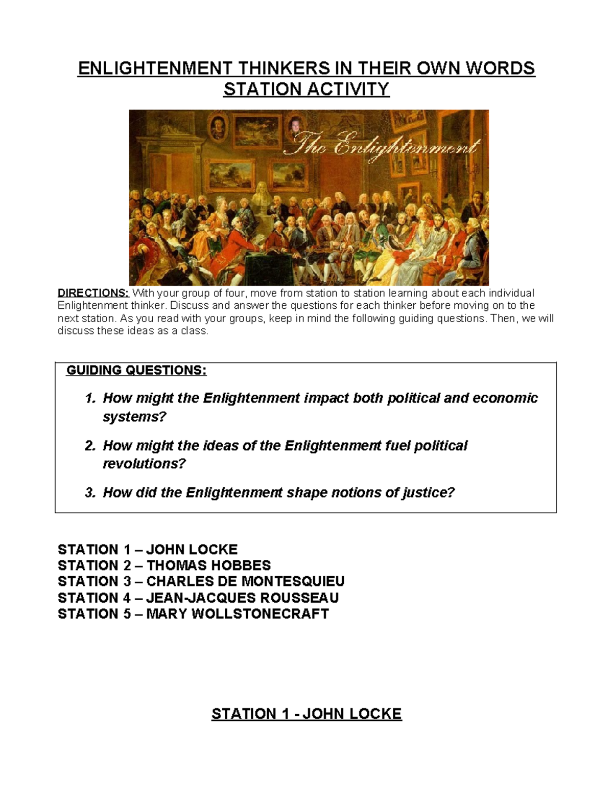 Enlightenment Thinkers Station Activity: Exploring Key Ideas and ...