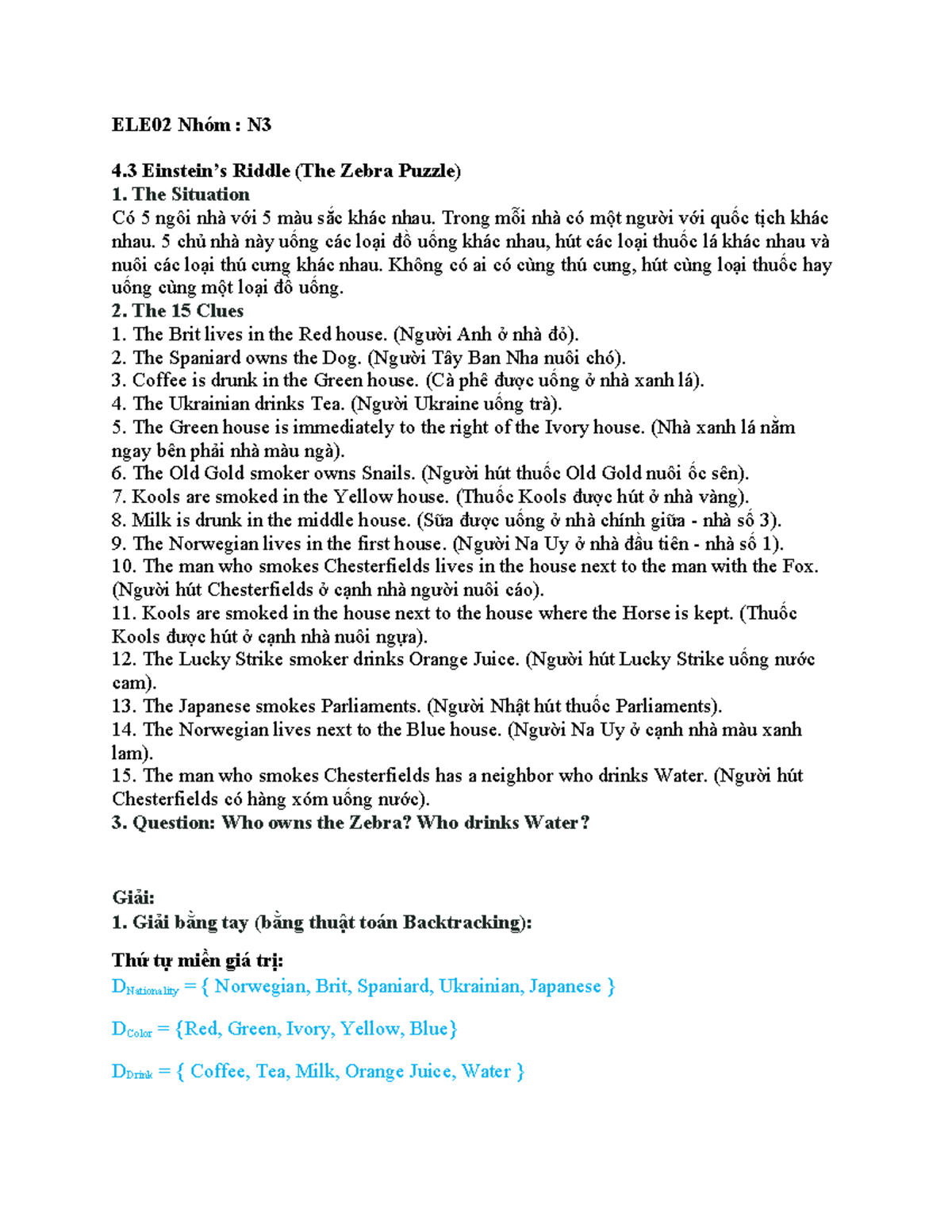 ELE02 Case Study: Solving Einstein's Riddle (Zebra Puzzle) - Studocu