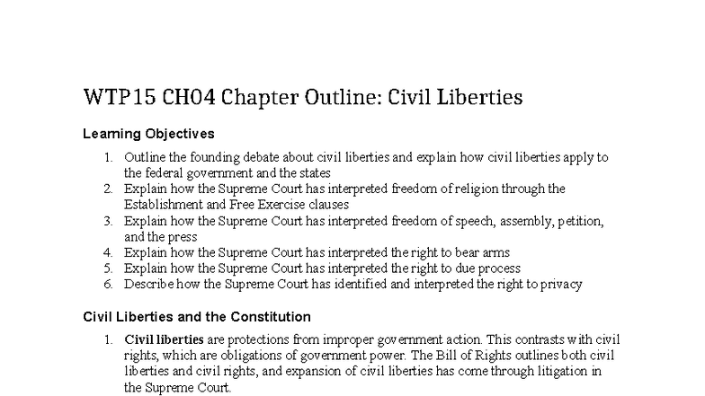 WTP15 CH04 Chapter Outline: Civil Liberties and Rights - Studocu