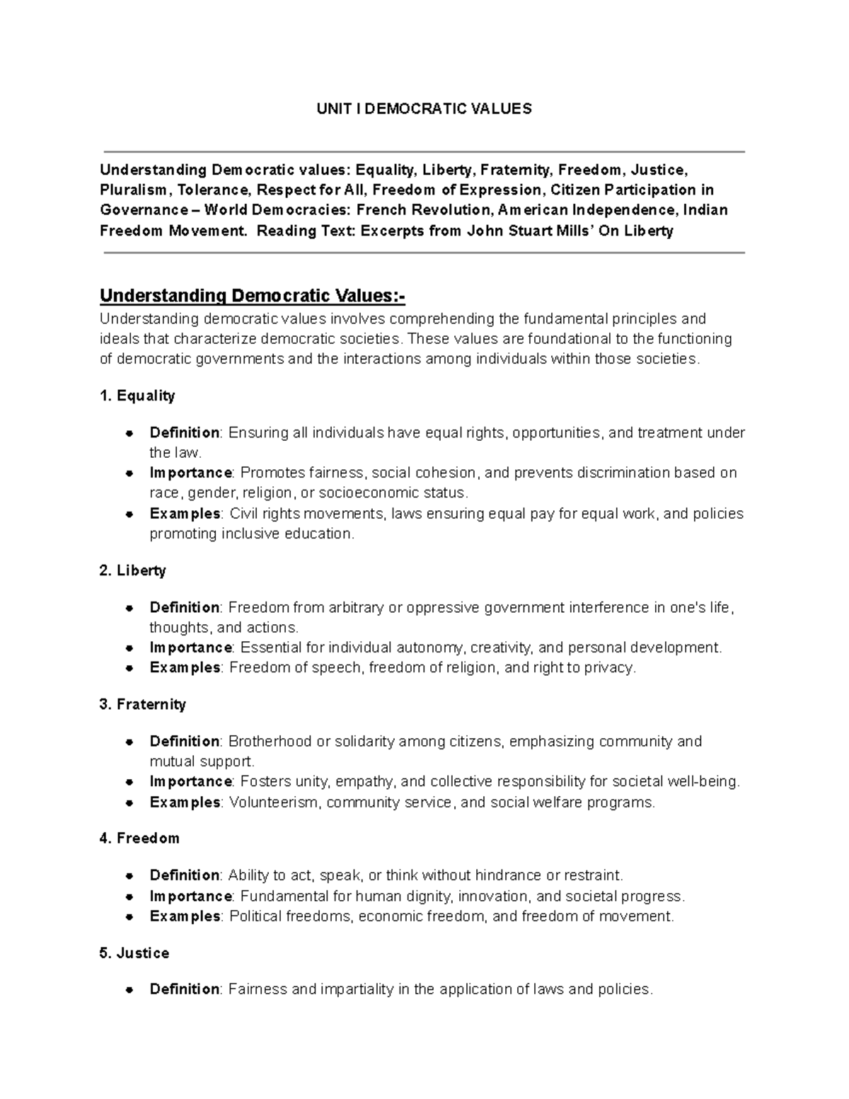 Democratic Values & World Democracies: 5 Units HVE Study Notes - Studocu