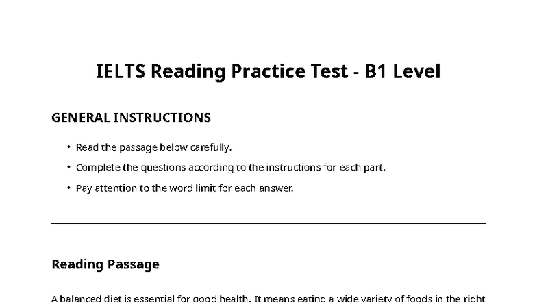 IELTS Reading Practice Test B1: Balanced Diet Insights - Studocu