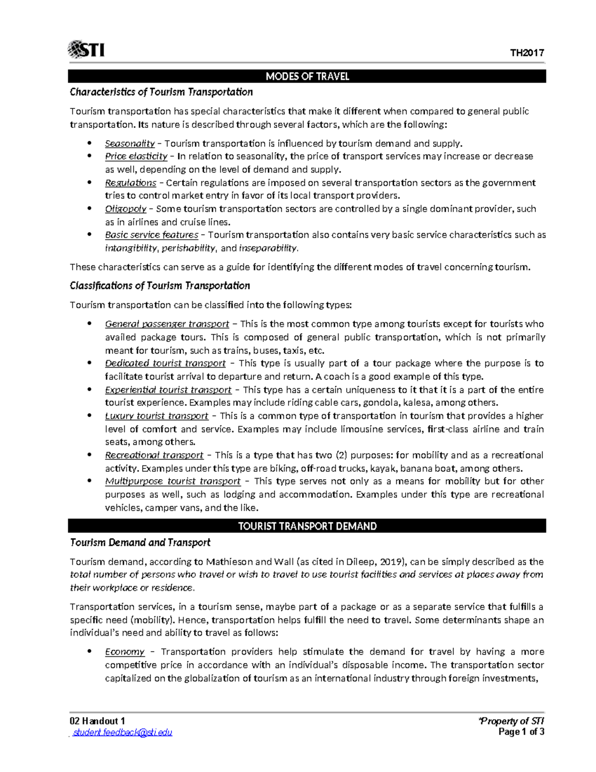 TH2017 MODES OF TRAVEL: Characteristics & Classifications of Tourism ...