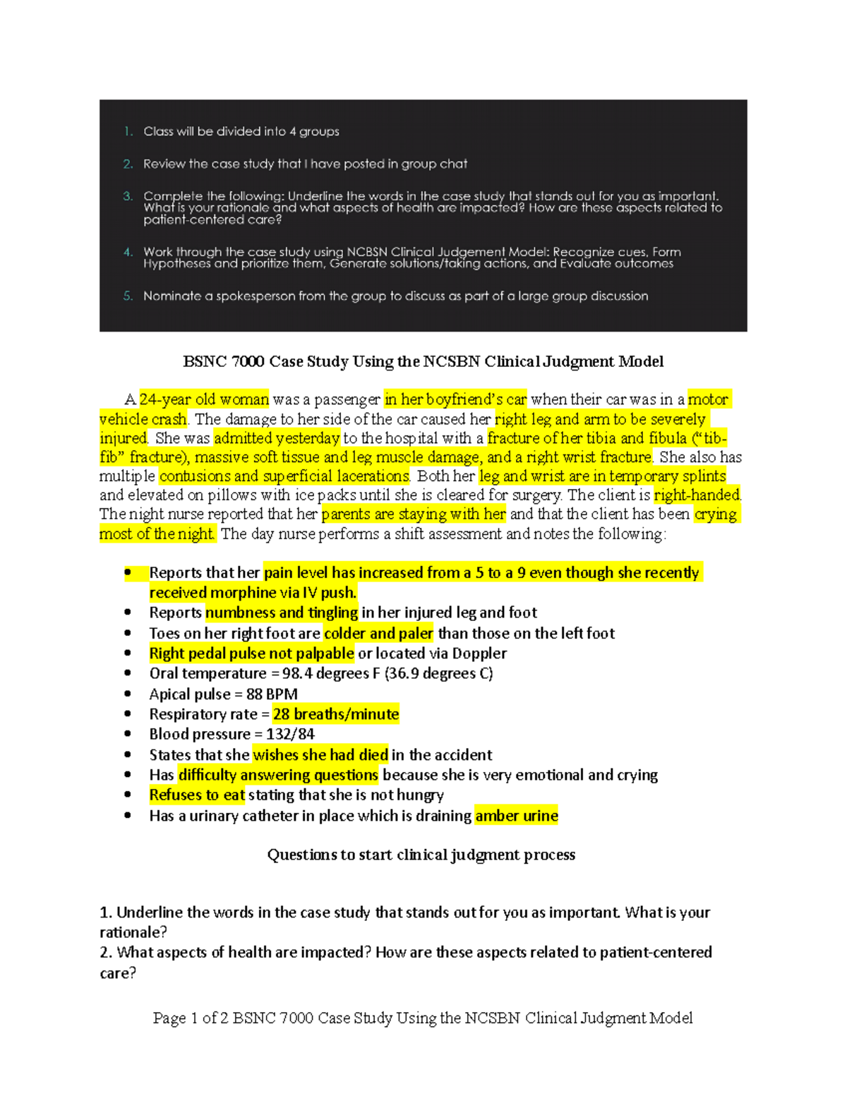 BSNC 7000 - Case Study: Utilizing the NCSBN Clinical Judgment Model ...