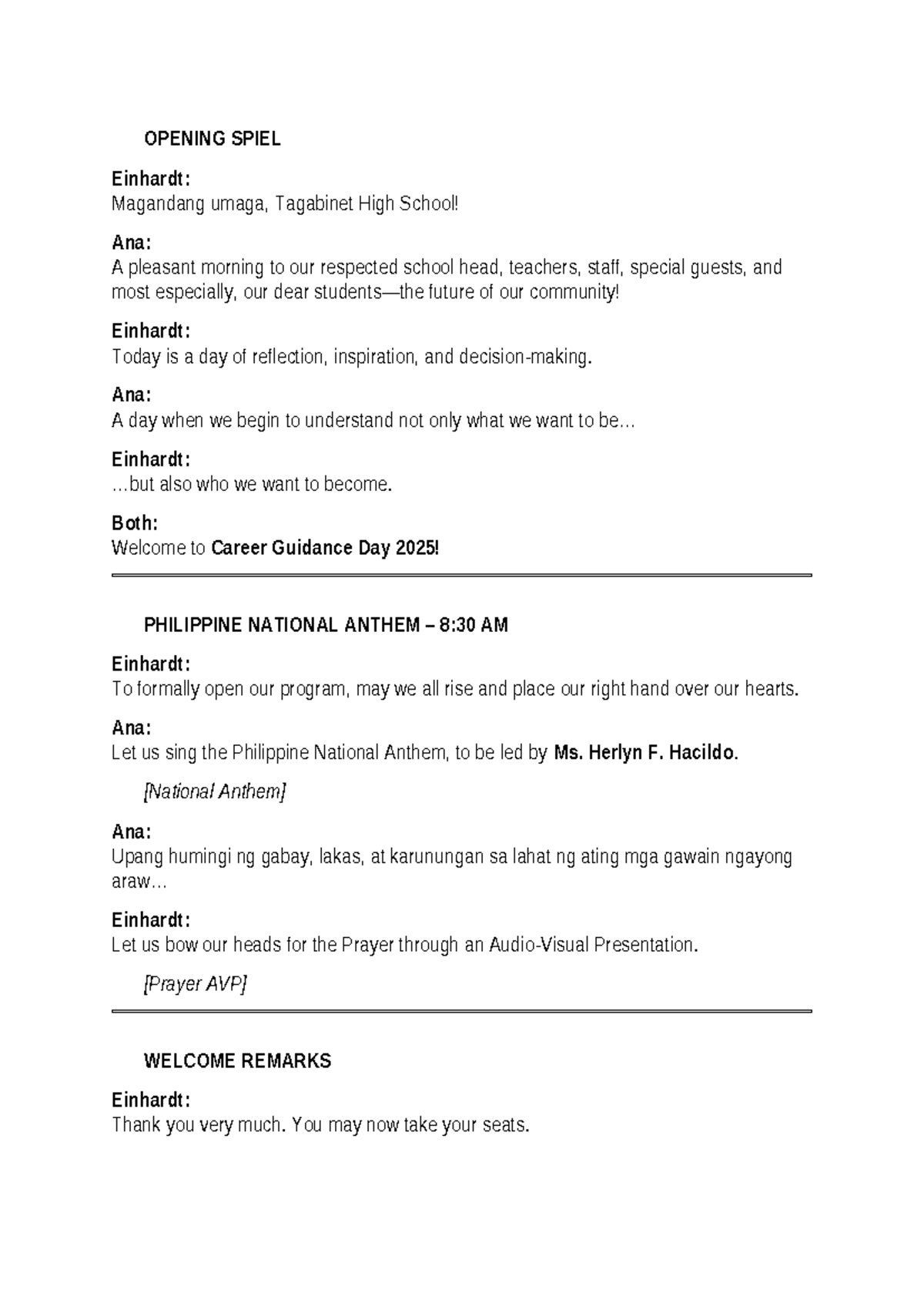Career Guidance Day Program Script 2025 - Tagabinet High School - Studocu