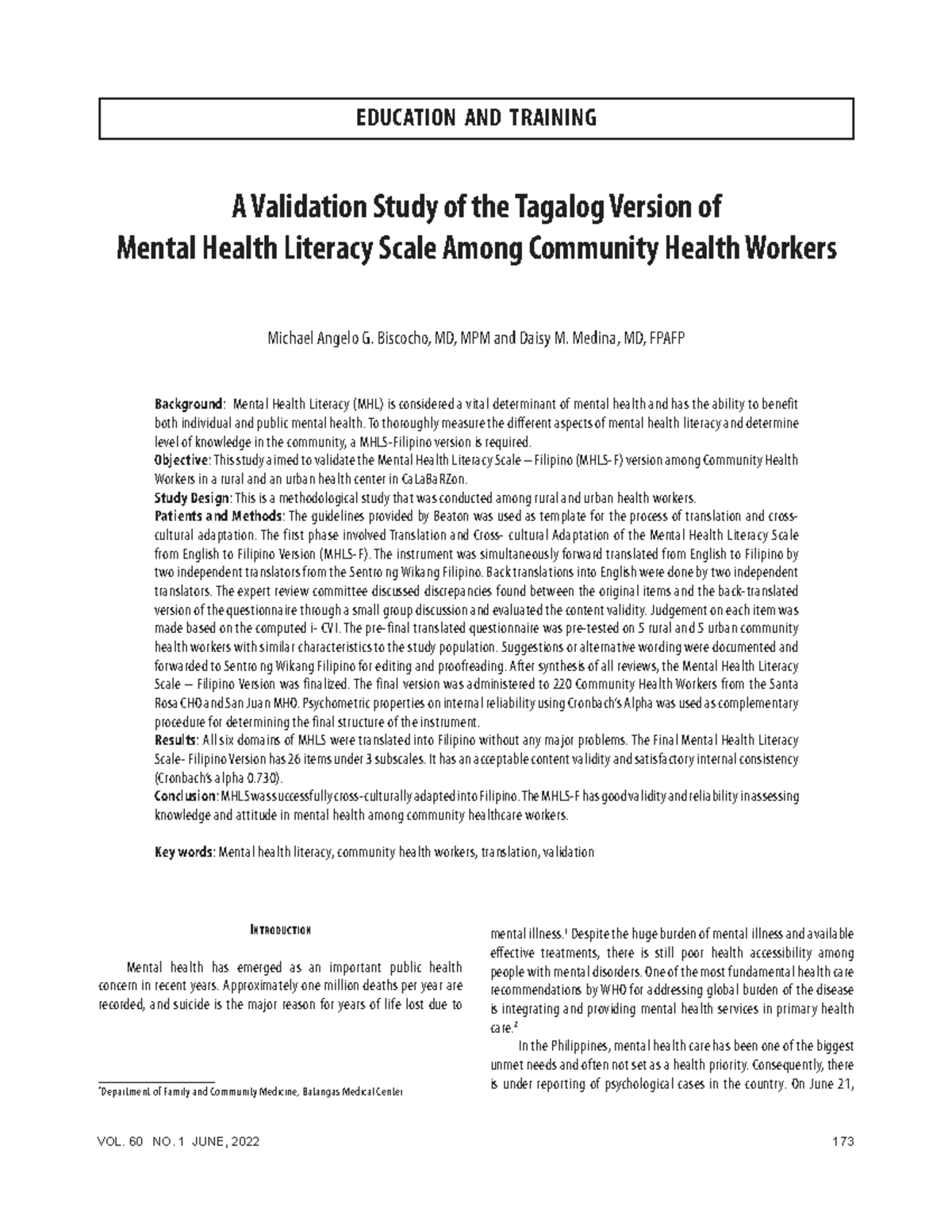 EDUC 101: Validation of the Filipino Mental Health Literacy Scale Among ...