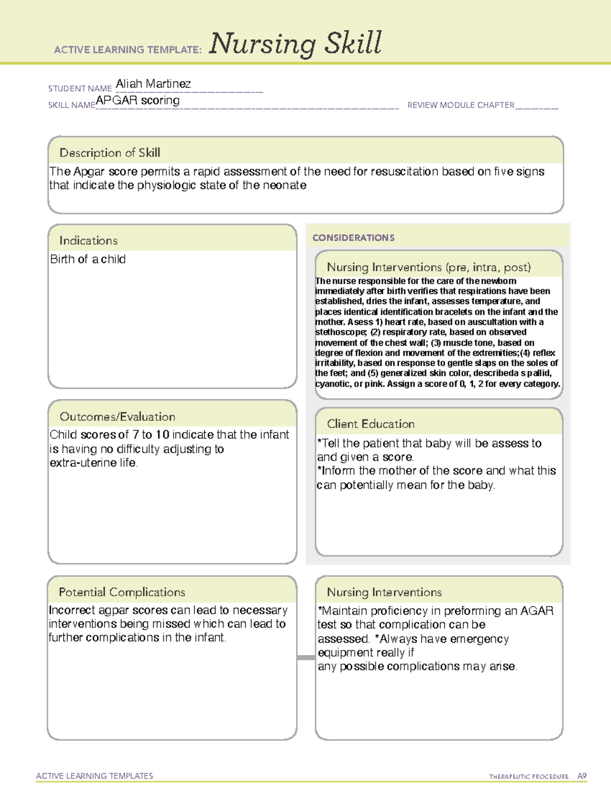 Apgar T1 Nursing Skills Active Learning Template Guide - Studocu