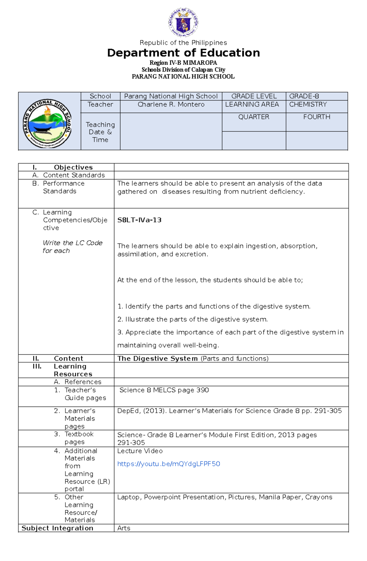Detailed Lesson Plan on the Digestive System for Grade 8 (Chemistry ...