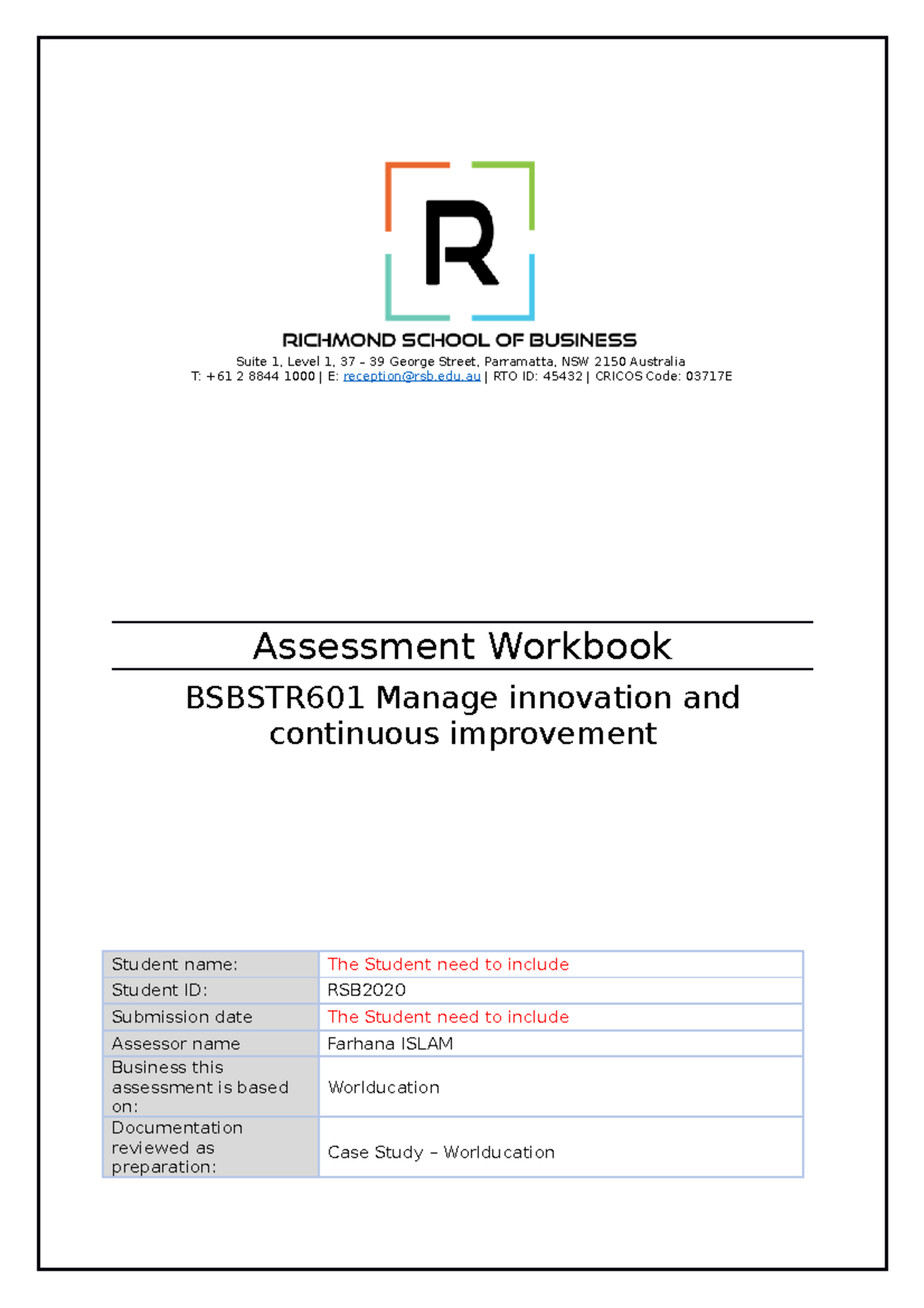 BSBSTR601 Continuous Improvement and Innovation Assessment Workbook ...
