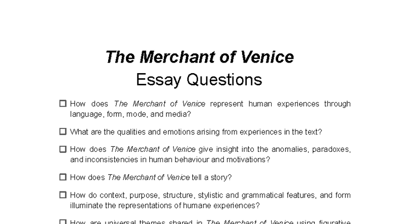 'The Merchant of Venice' - Essay Questions & Human Experiences Analysis ...