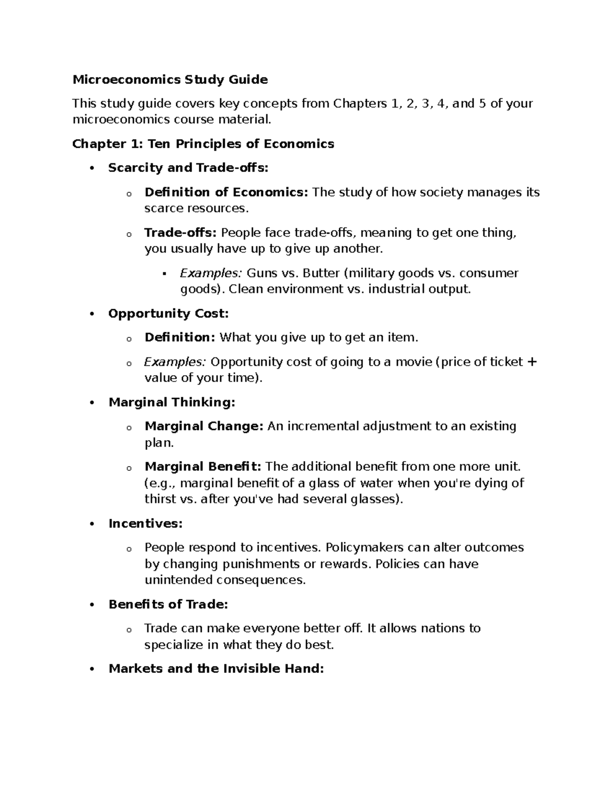 SU Microecon 101 Final Exam Study Guide: Key Concepts from Chapters 1-5 ...