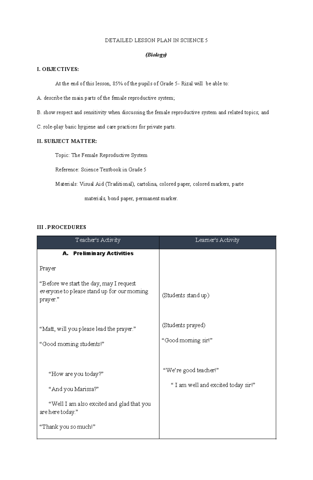 DETAILED LESSON PLAN: FEMALE REPRODUCTIVE SYSTEM (SCI 5) - Studocu