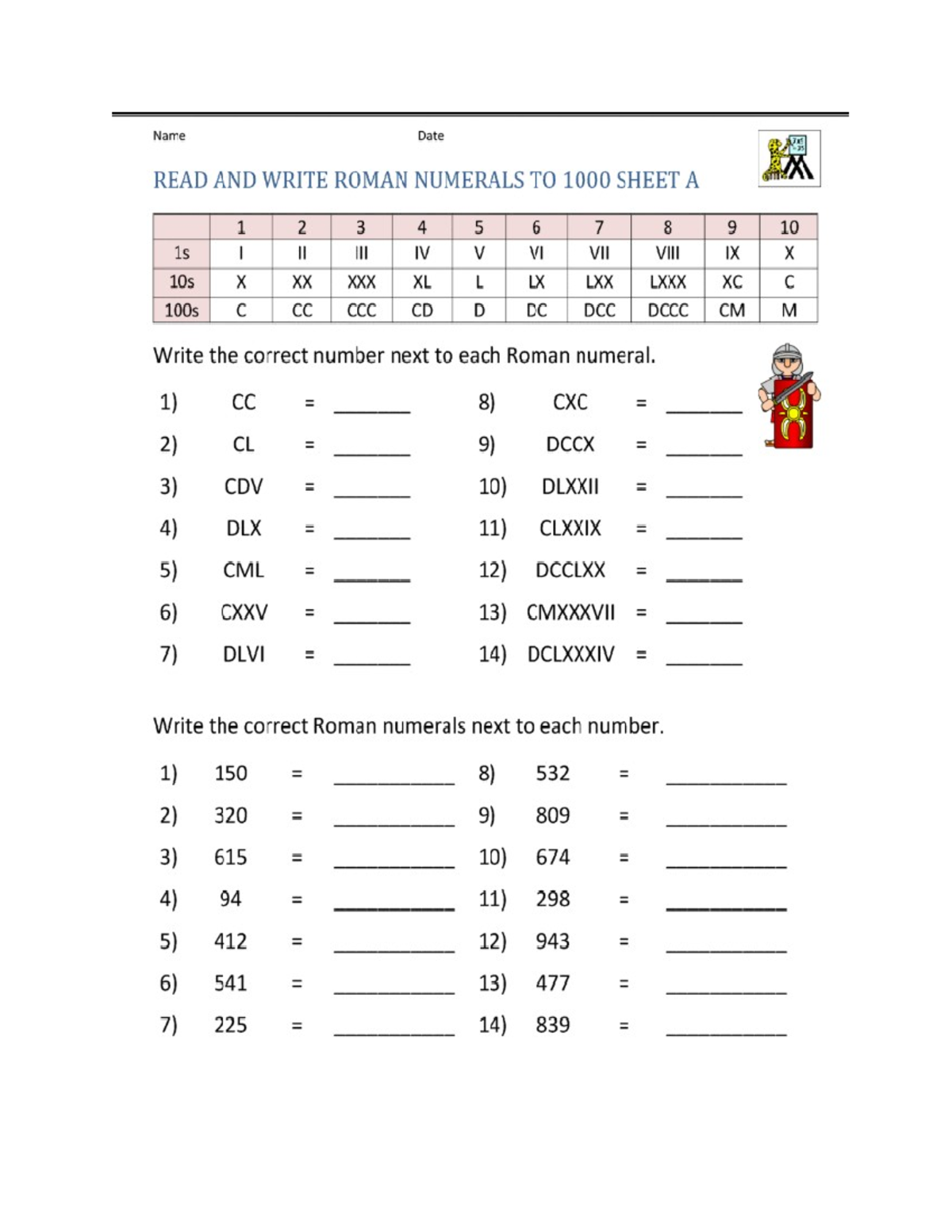 Roman Numeral Practice and Answers - Sheet A (Math 101) - Studocu