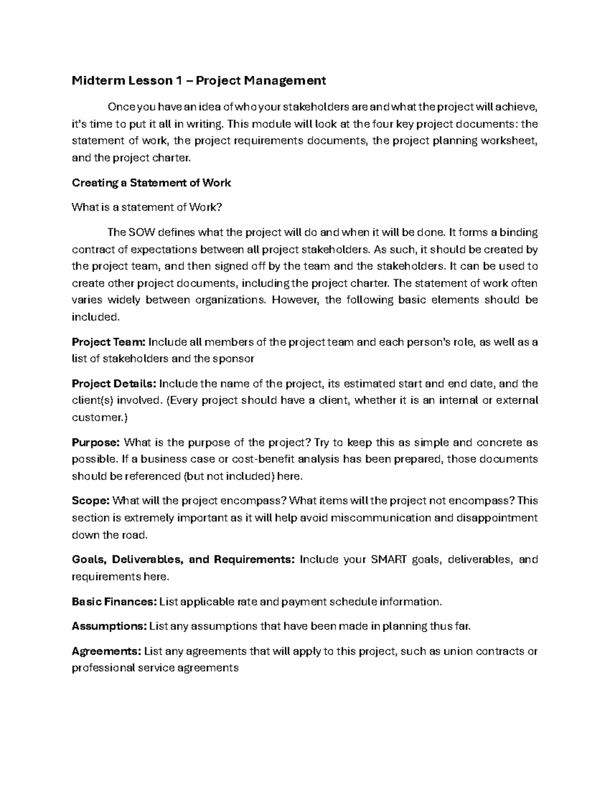 AIS 101 - Project Management Midterm Lesson 1: Key Docs Overview - Studocu