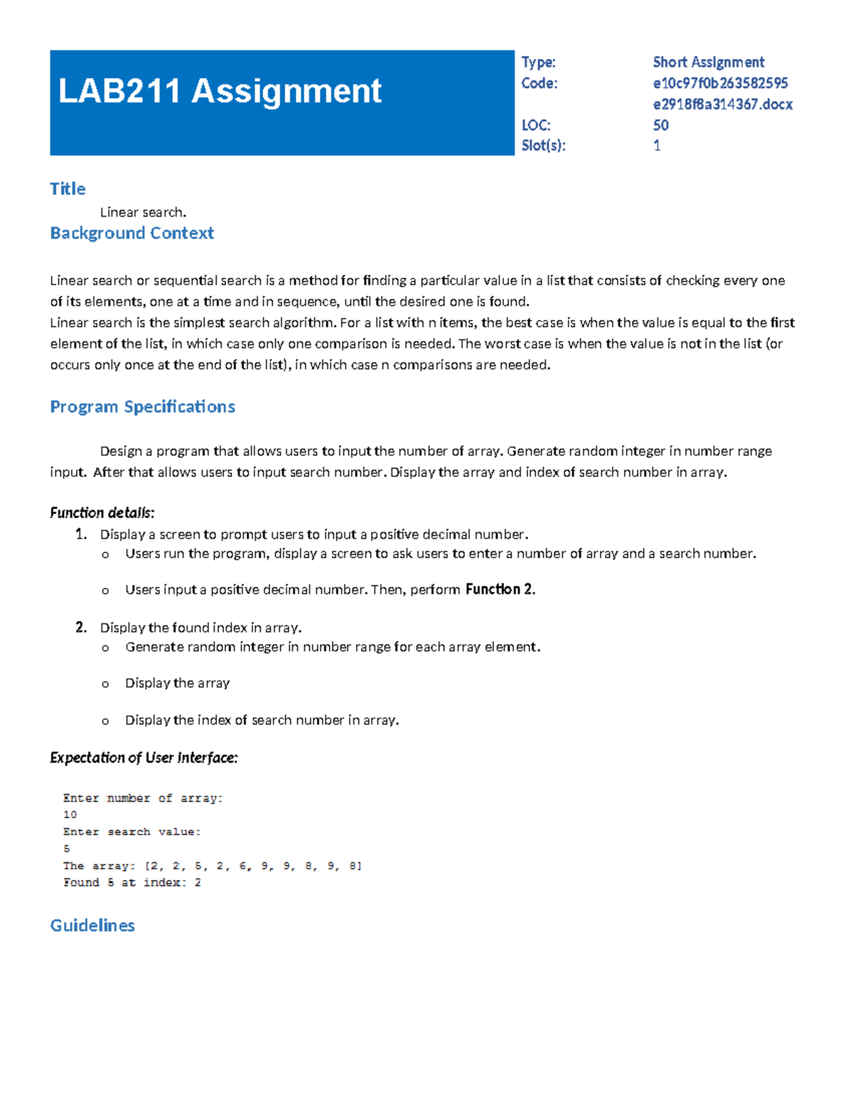 LAB211 Short Assignment: Linear Search Algorithm Implementation - Studocu