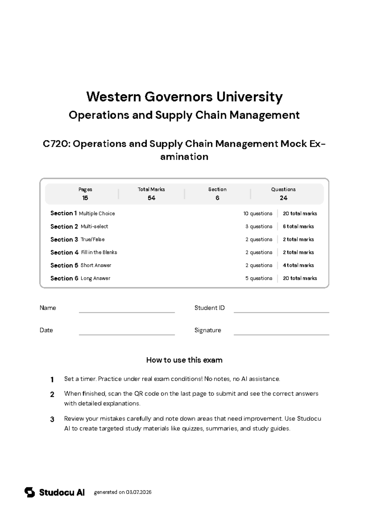 C720: Operations and Supply Chain Management Mock Exam - Studocu