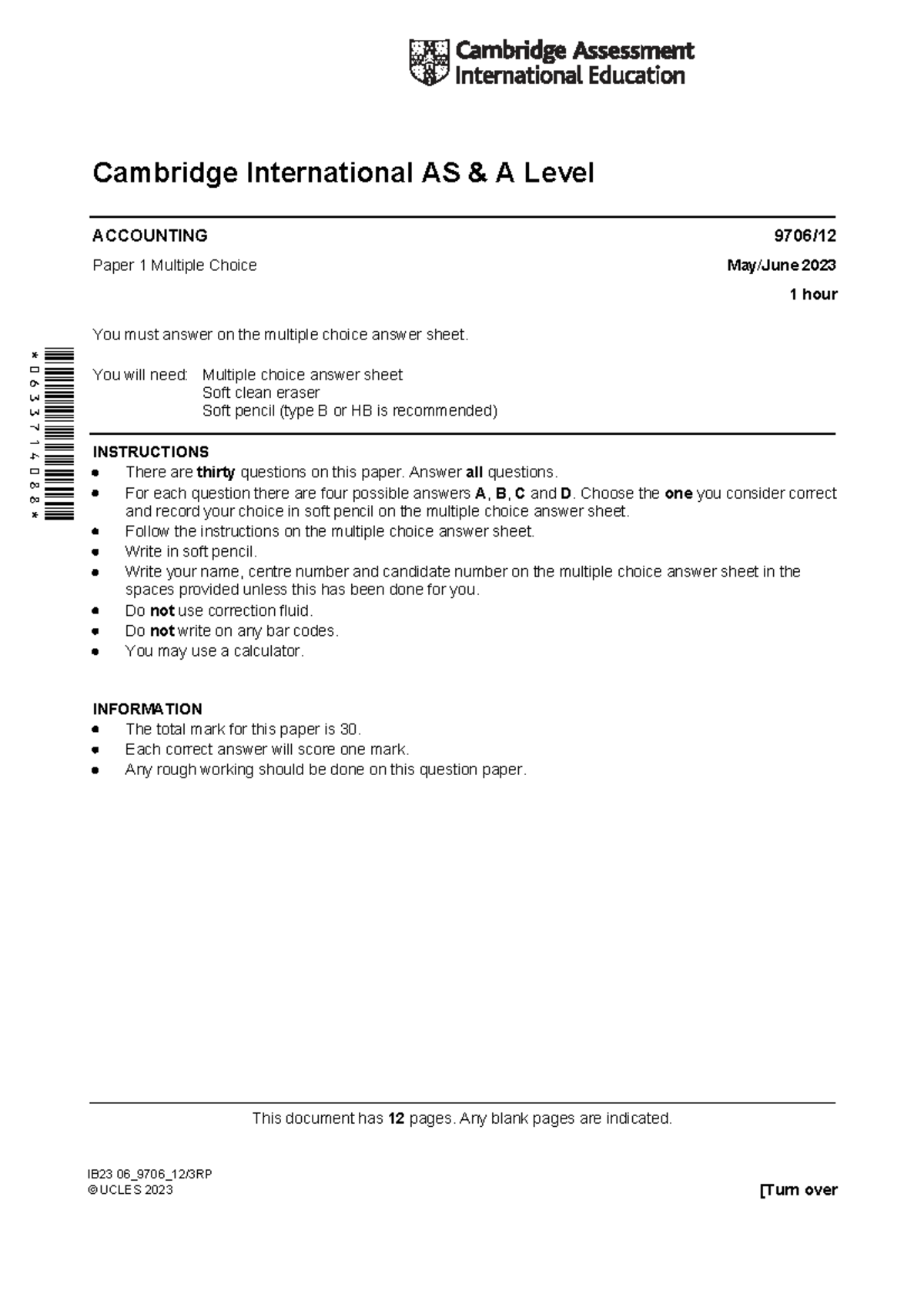 Cambridge International AS A Level ACCOUNTING 9706 s23 Paper 1 MCQ ...