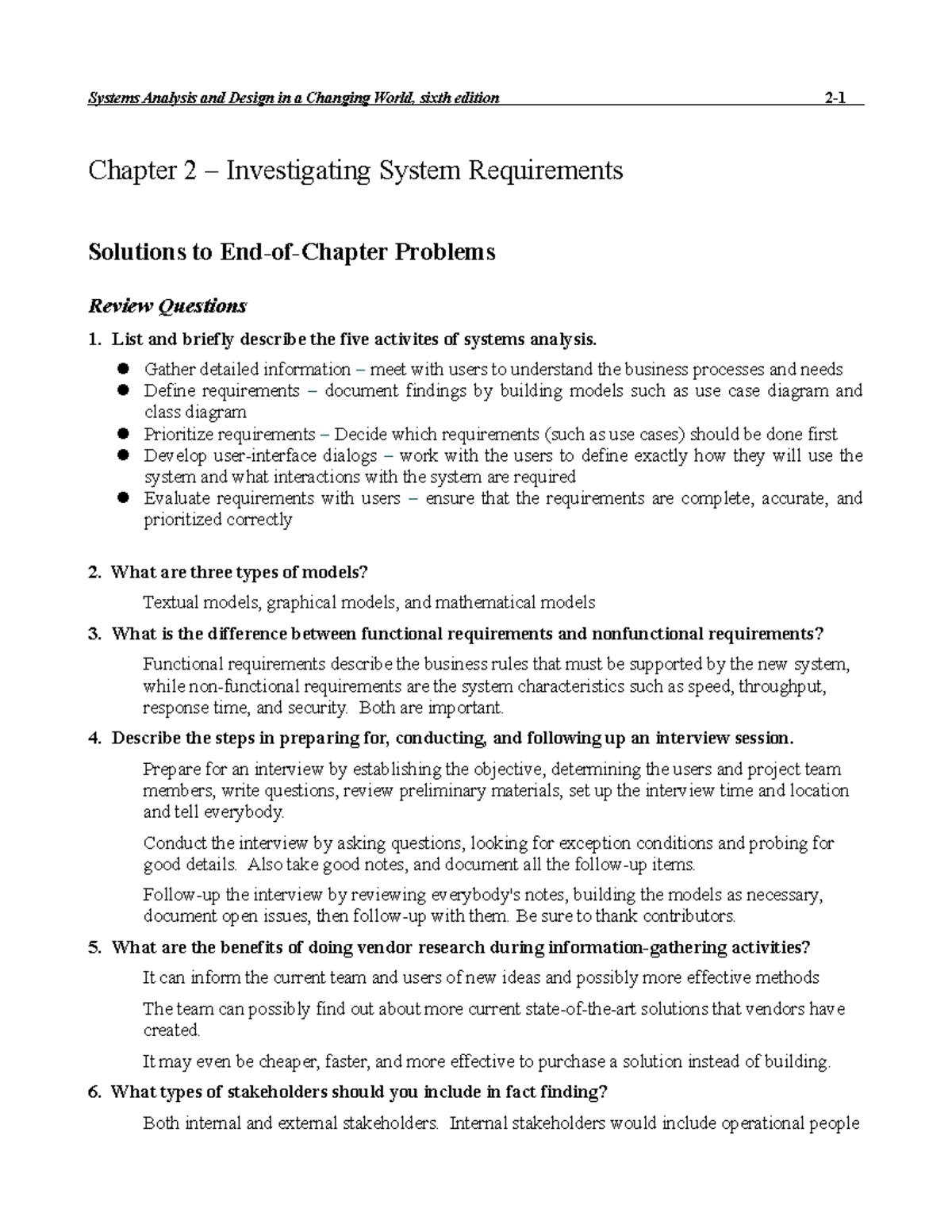 6ed-Solutions-Chap2: System Requirements Analysis and Solutions - Studocu