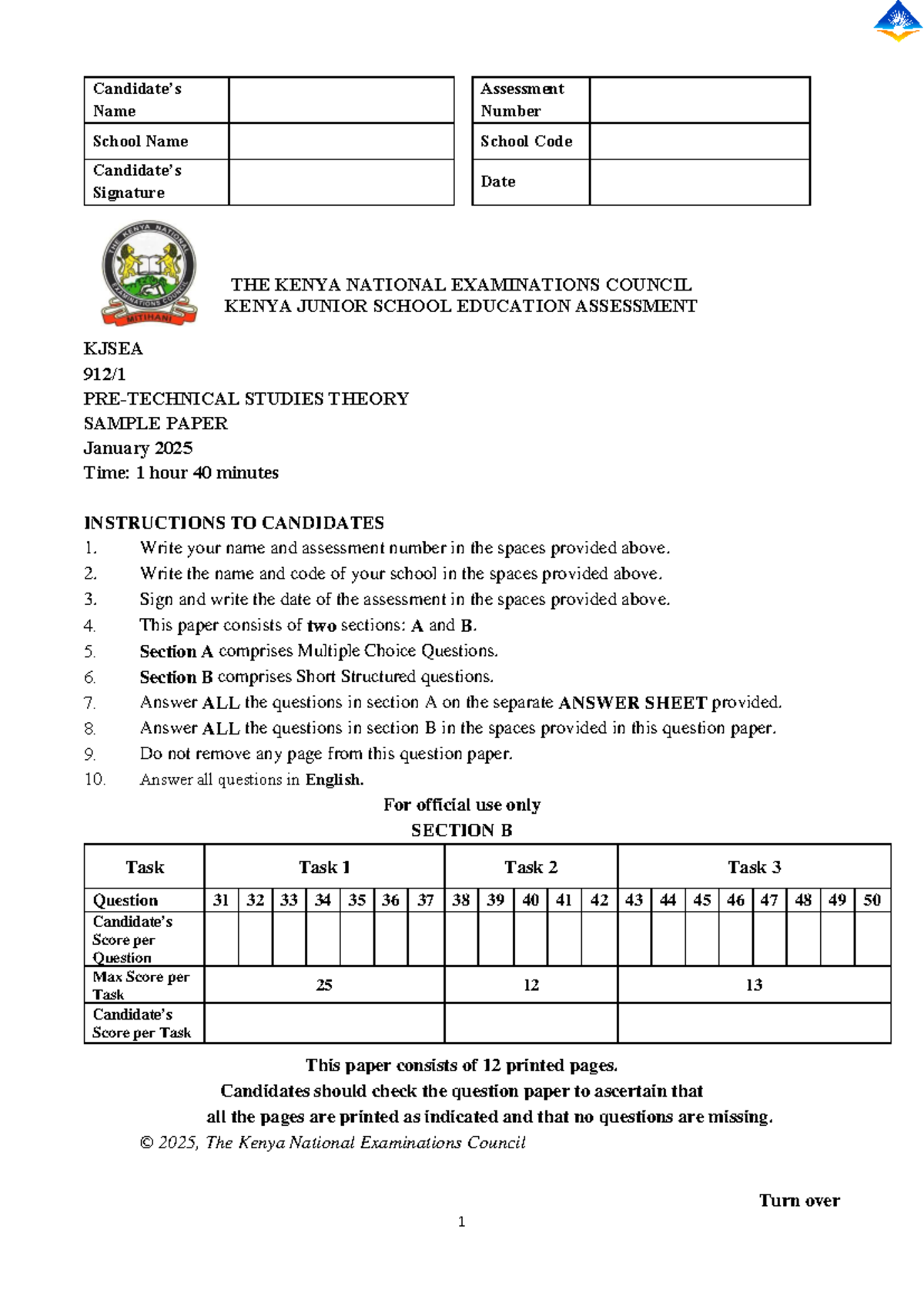 KJSEA 912/ Pre-Technical Studies Sample Paper - January 2025 - Studocu