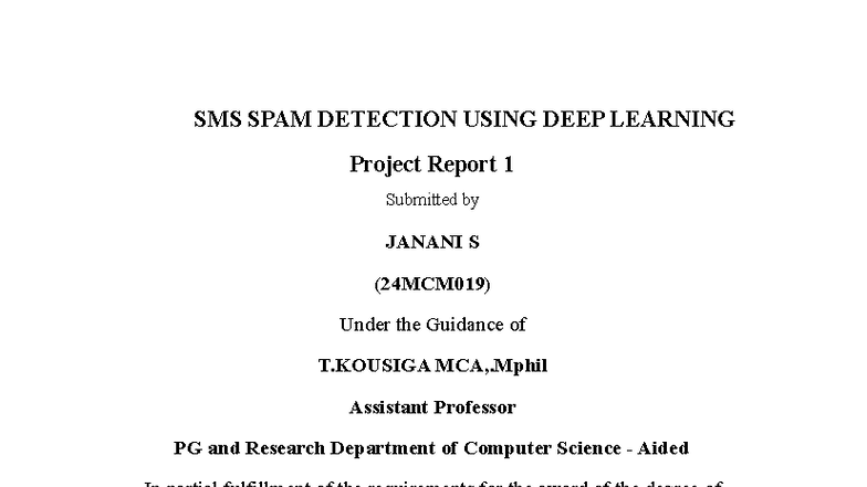 SMS SPAM DETECTION USING DEEP LEARNING - Project Report 1 - Studocu