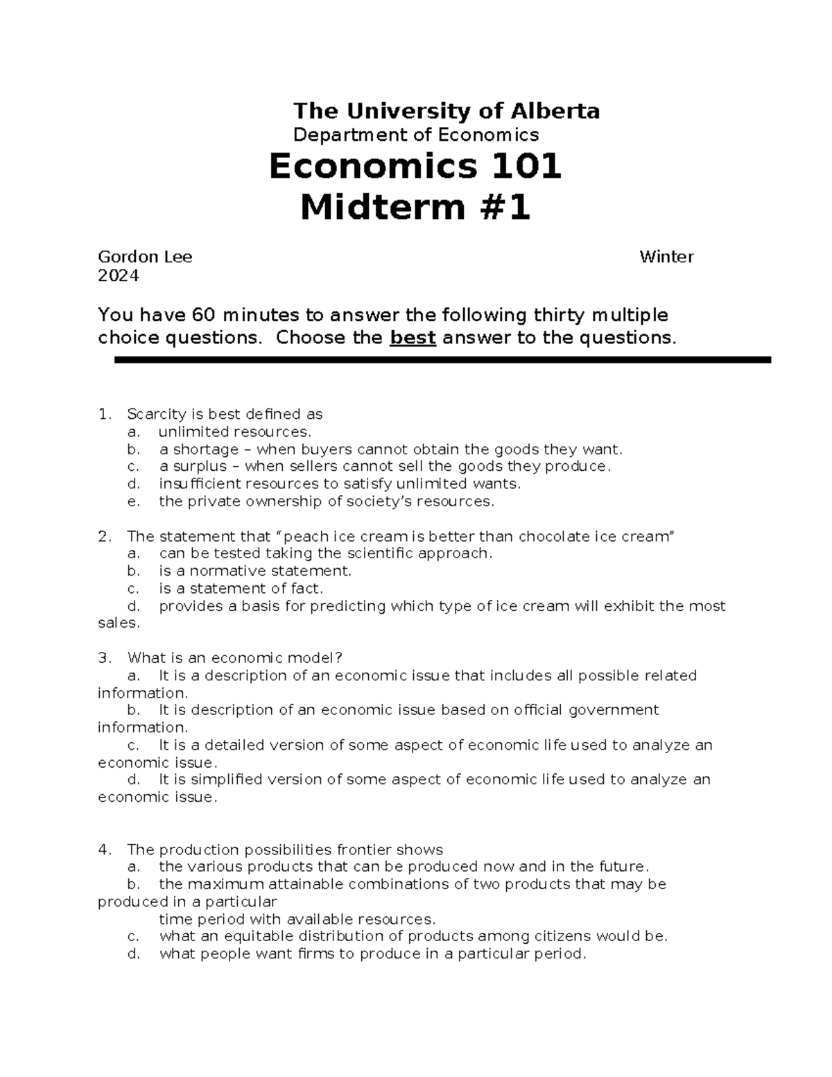 Economics 101 Midterm 1 Practice Exam - Winter 2024 - Studocu