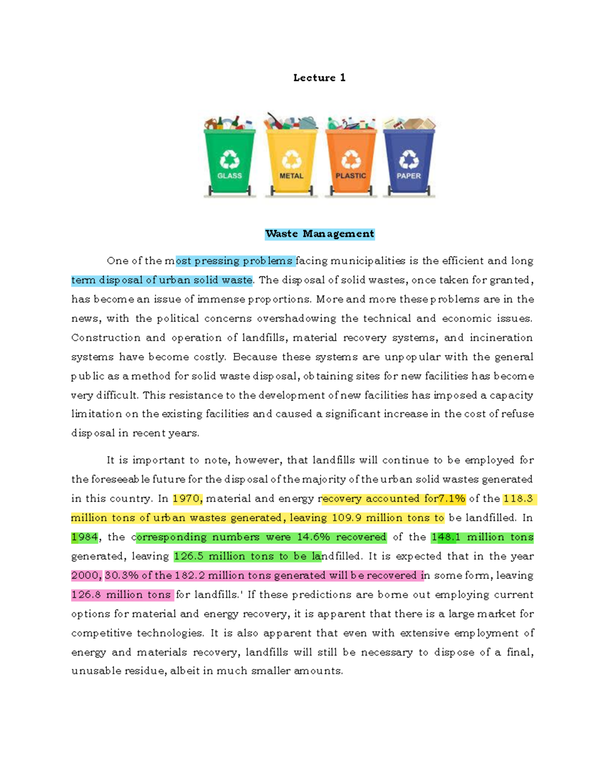 Lec1 - Waste Management - Lecture 1 Waste Management One of the most ...