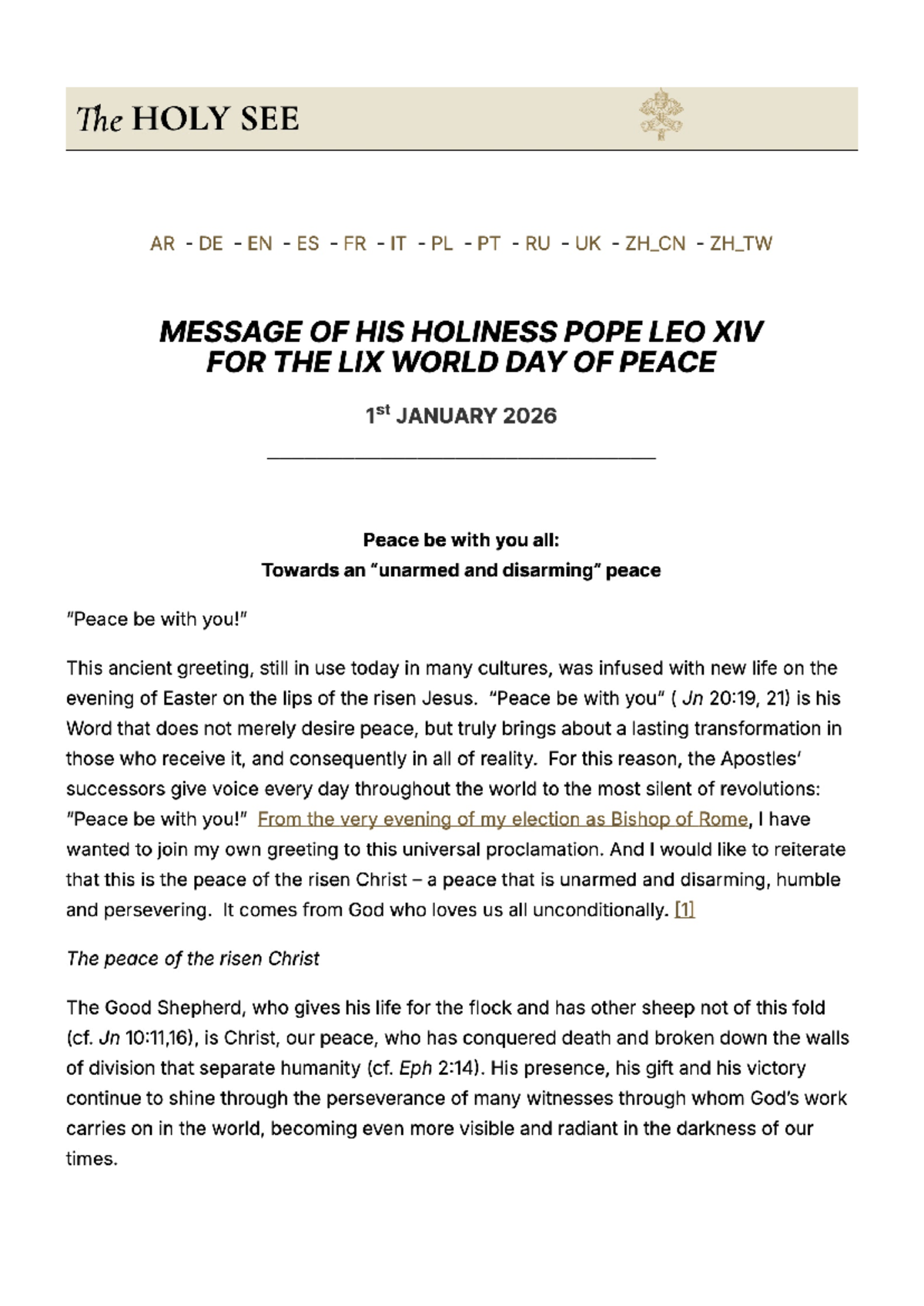 Pope Leo XIV's Message for the LIX World Day of Peace 2026 - Studocu
