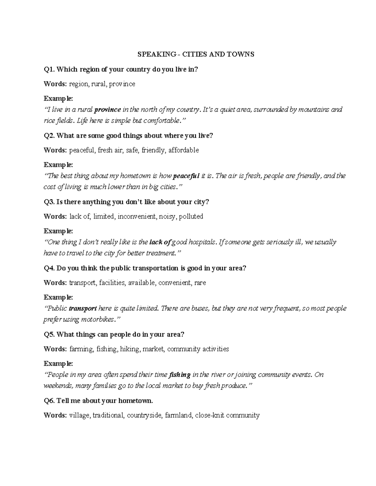 SPEAKING CITIES AND TOWNS Q1-Q6: Insights on Rural Life - Studocu