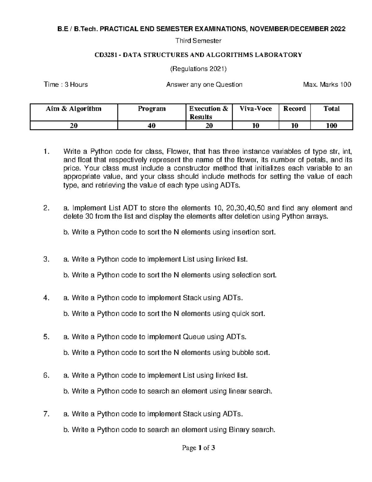 CD3281 SET1 - DSA Practical Question Bank for Assessment - Studocu