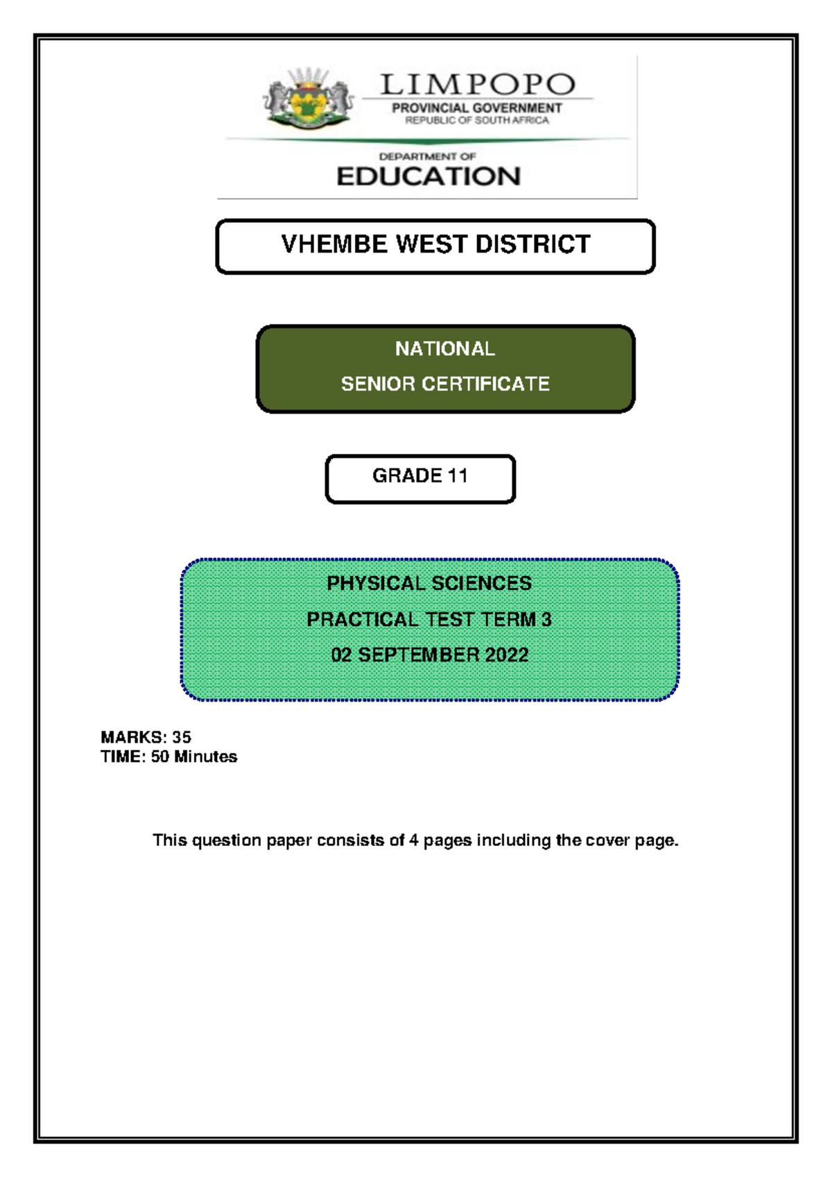 2022 PHSC Gr 11 Term 3 Practical Test 2 Question Paper - Studocu