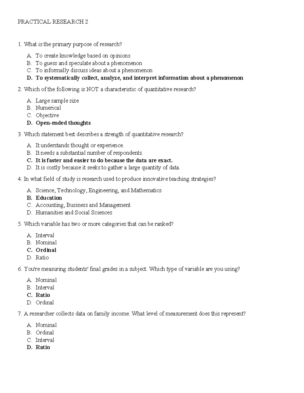 Pretest for PRACTICAL RESEARCH 2: Key Concepts and Questions - Studocu