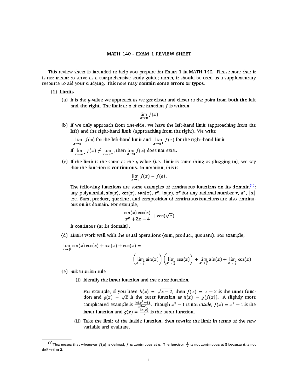 MATH 140 - EXAM 1 REVIEW SHEET: Concepts and Methods - MATH 140 - EXAM 1 REVIEW SHEET This ...