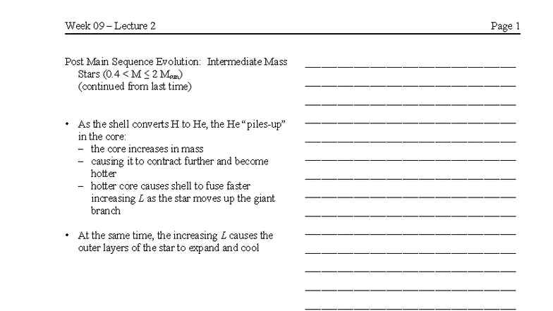 Week 09 Lecture 2: Post Main Sequence Evolution of Intermediate Mass ...