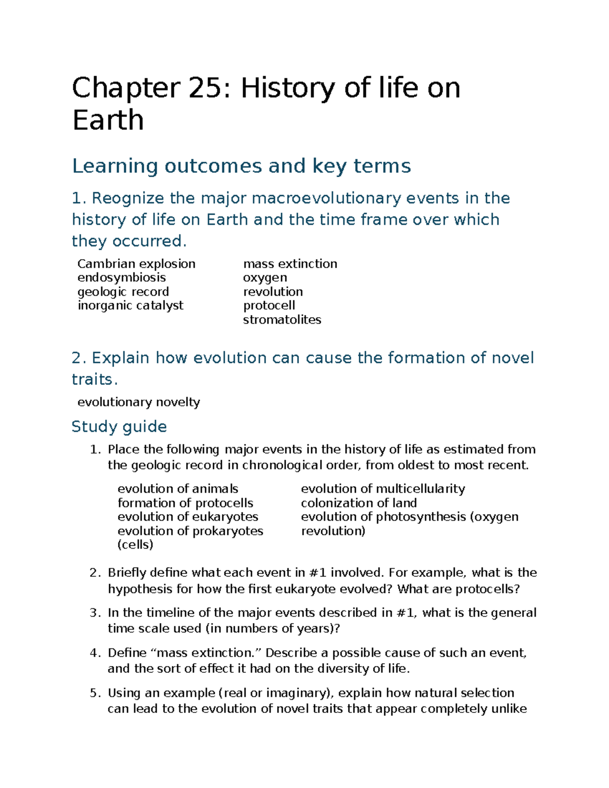 History of Life on Earth: Major Macroevolutionary Events Study Guide ...