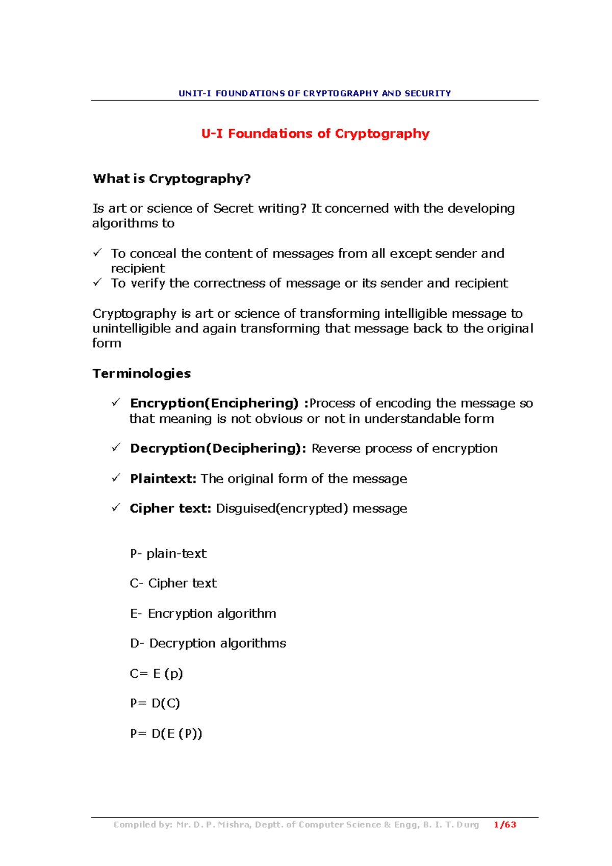 Crp1 - Foundations of Cryptography and Security Notes - Studocu