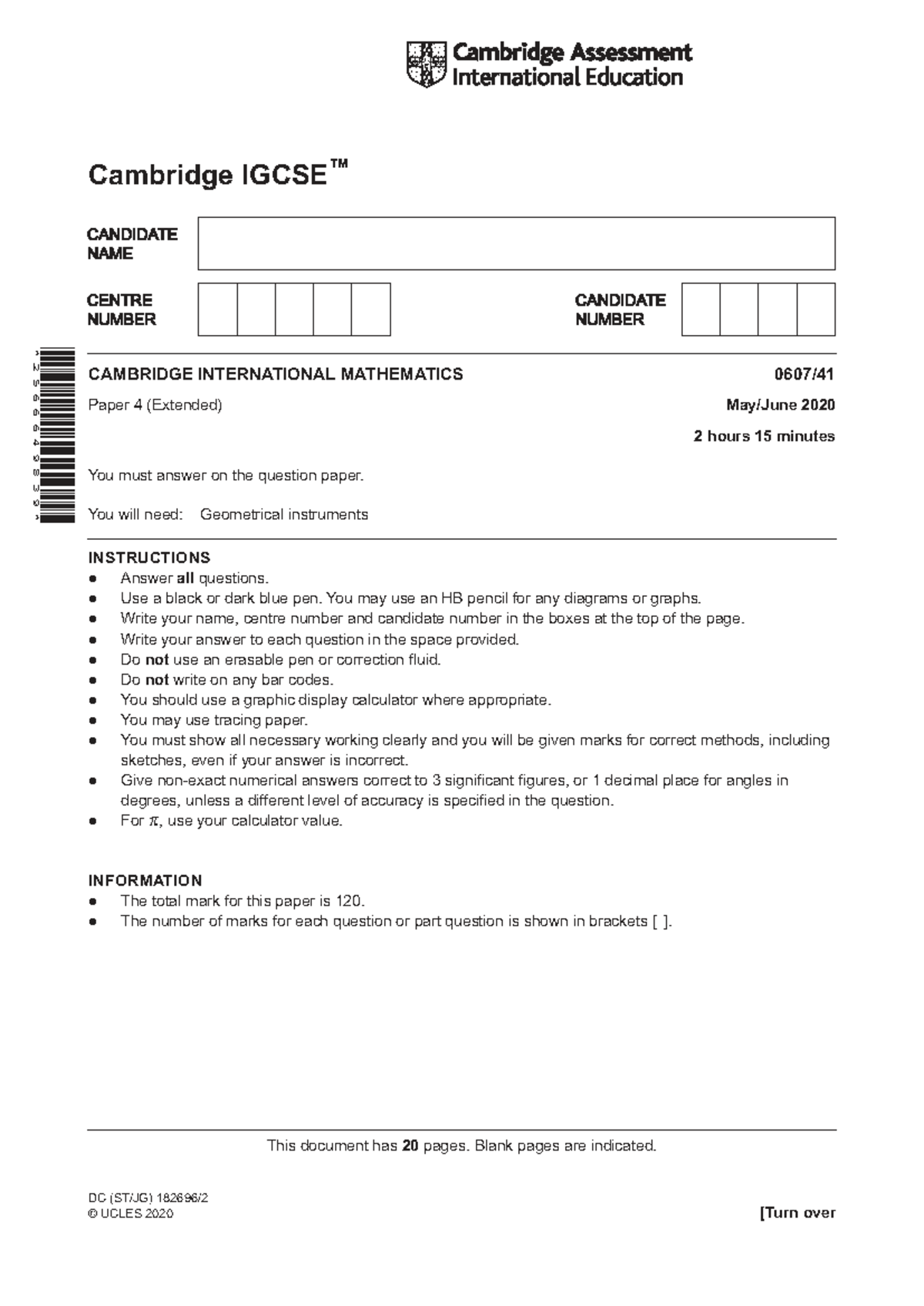 Cambridge 0607 S20 Paper 4 (Extended) Mathematics Exam Guide - Studocu