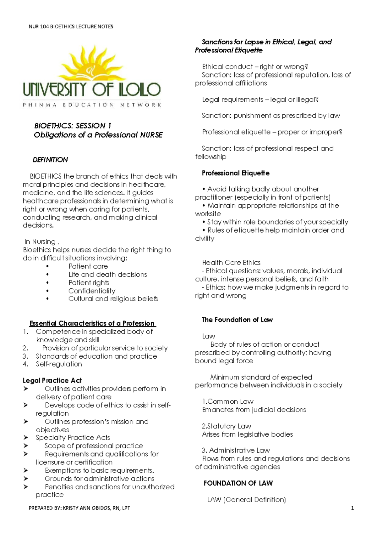 NUR 104 BIOETHICS LECTURE NOTES: Ethical Conduct and Legal Frameworks ...