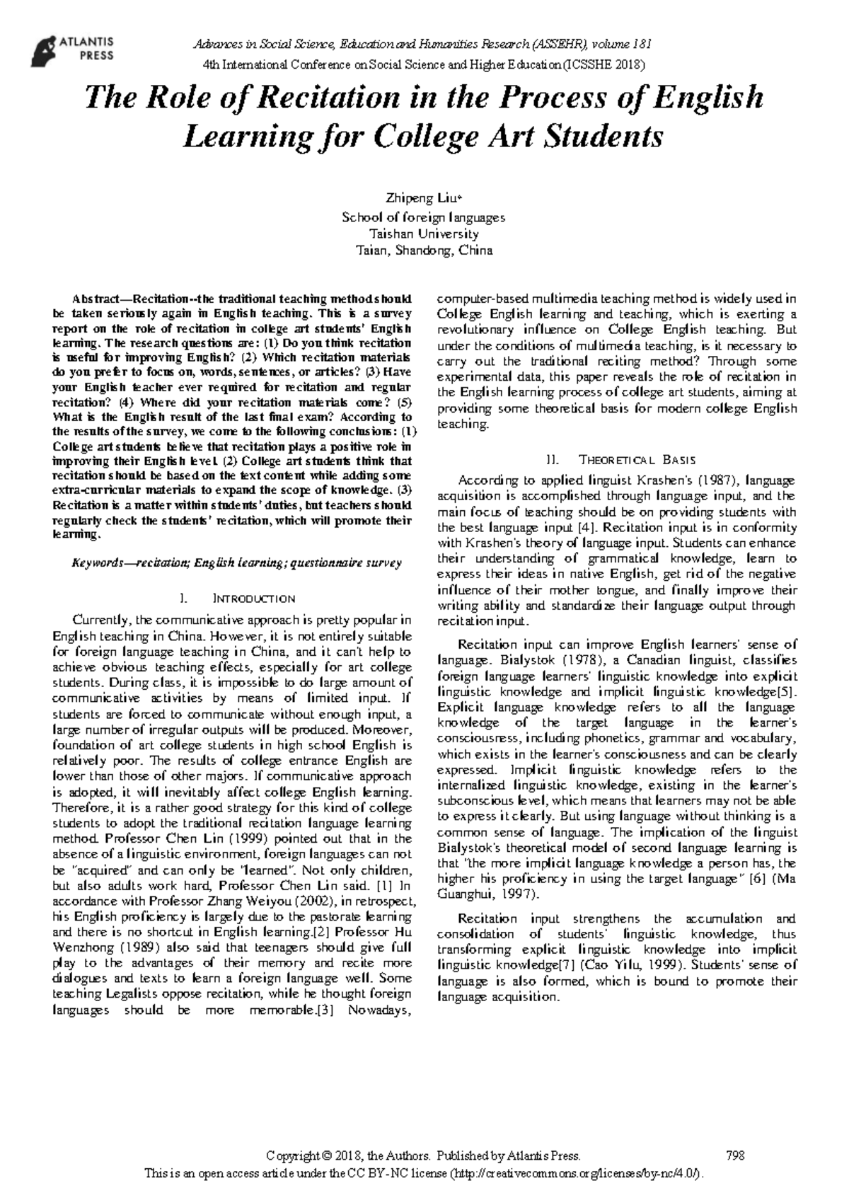 The Role of Recitation in English Learning for College Art Students ...