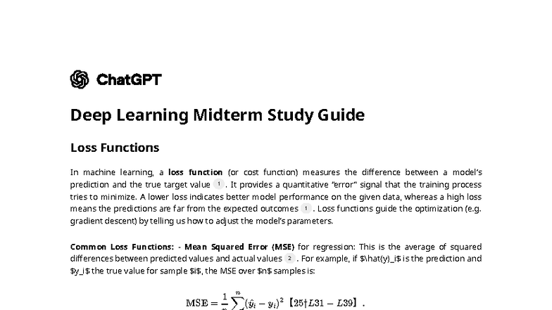 Deep Learning Midterm Study Guide: Understanding Loss Functions - Studocu
