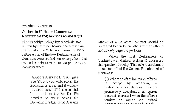 Unilateral Contract Options: Insights from Restatement (2d) §§ 45 & 87 ...