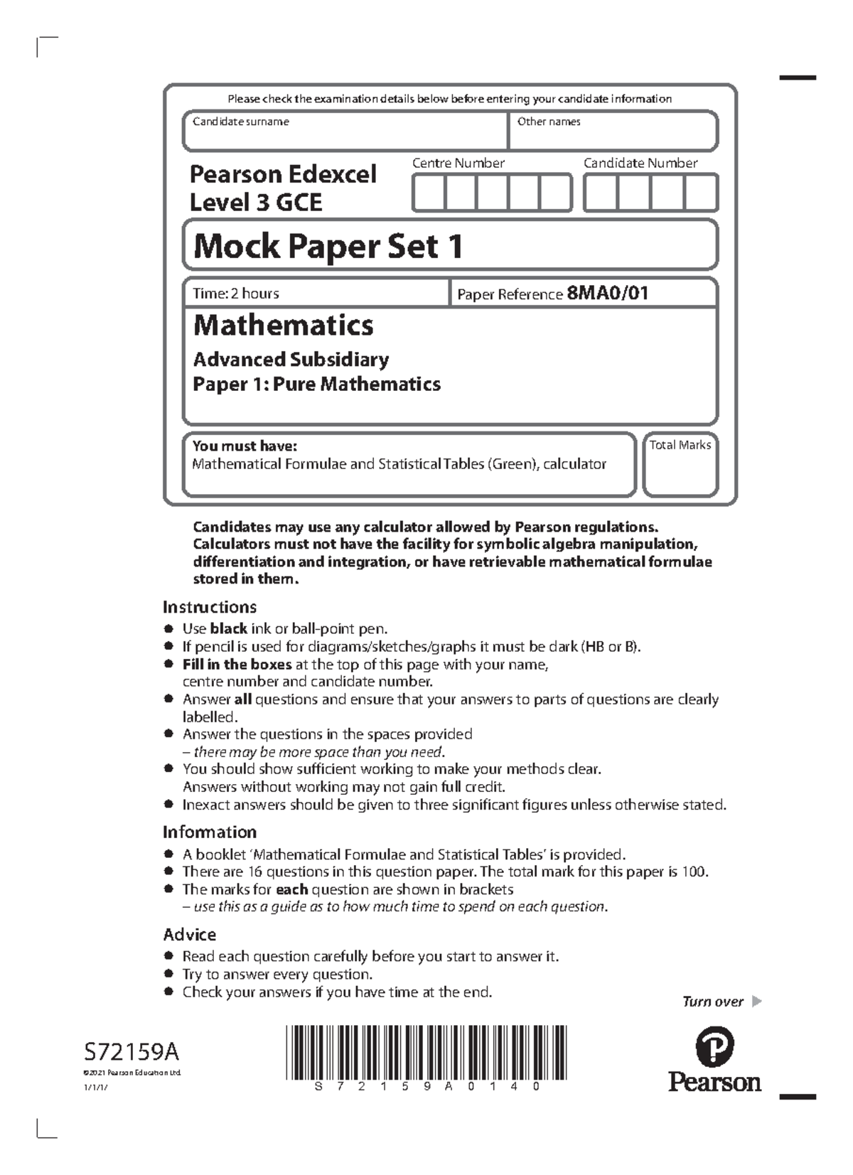 8MA0-01 Pure Mathematics - Mock Paper Set 1 Instructions and Questions ...