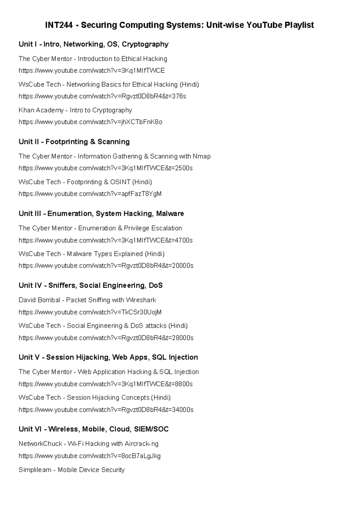 INT244 YouTube Playlist: Ethical Hacking & Cybersecurity Units - Studocu