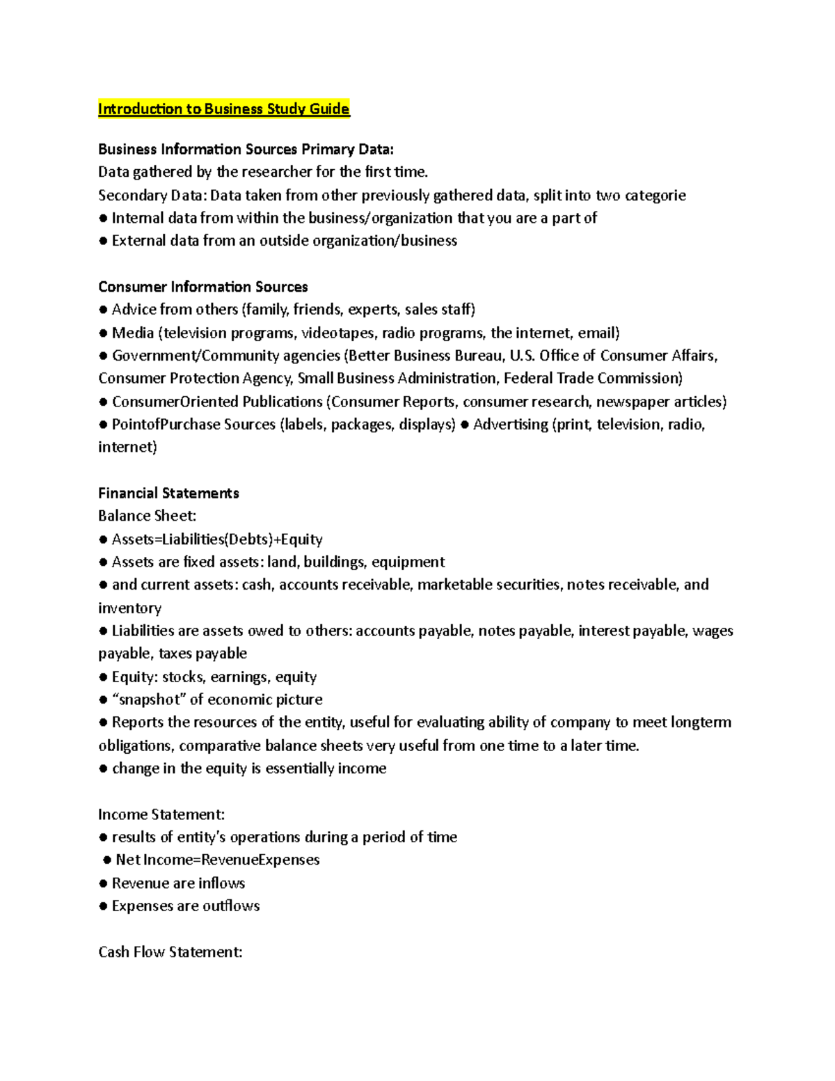 Introduction to Business Study Guide - Introduction to Business Study ...