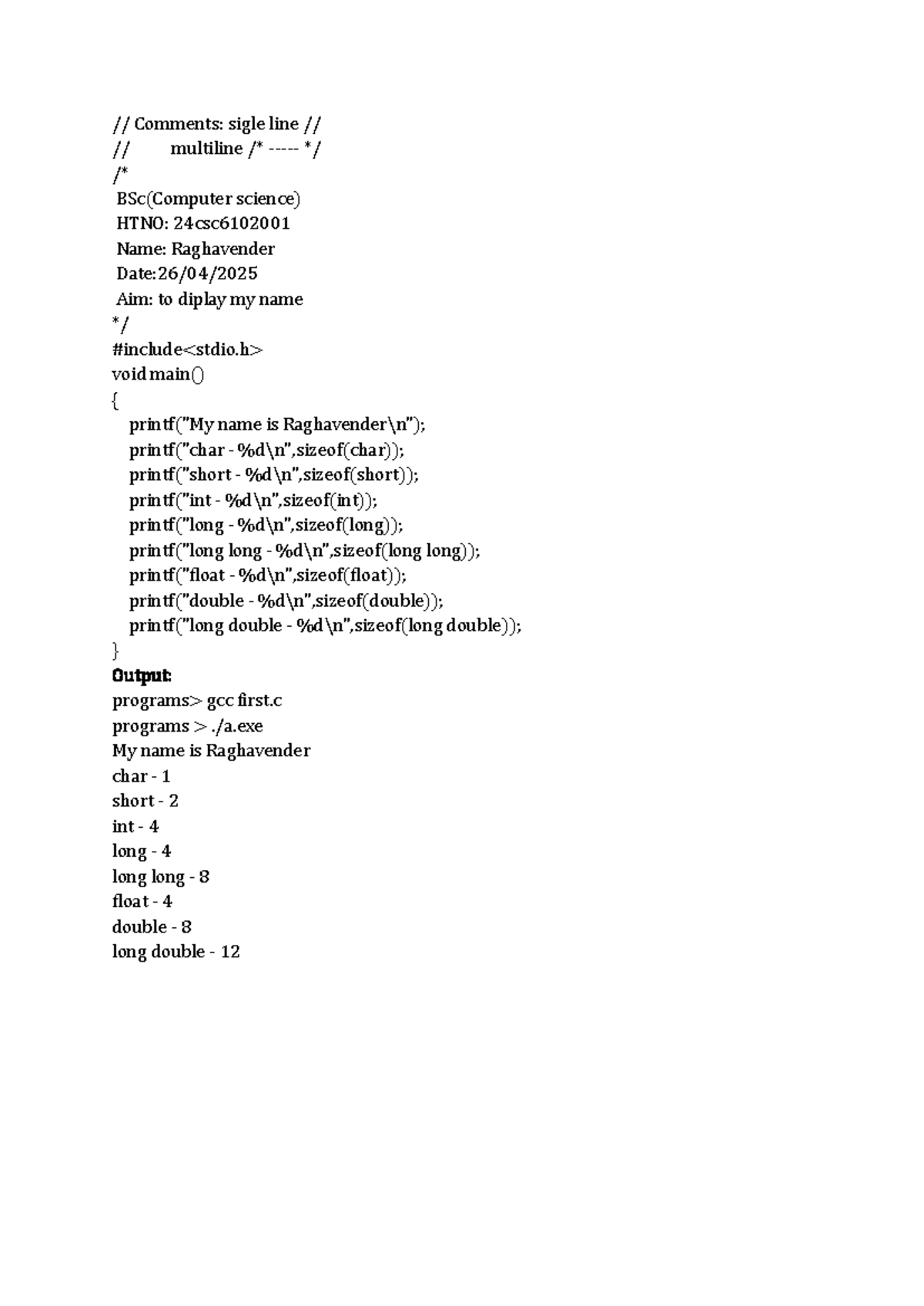 C Lab Comments: Single & Multiline Code Examples BSc(Comp Sci) - Studocu