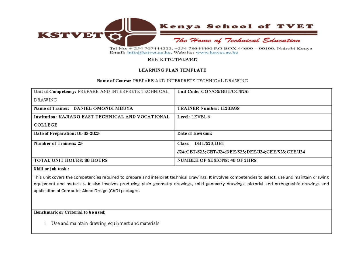 Learning Plan Template for Technical Drawing (Unit Code: DRAWING) - Studocu