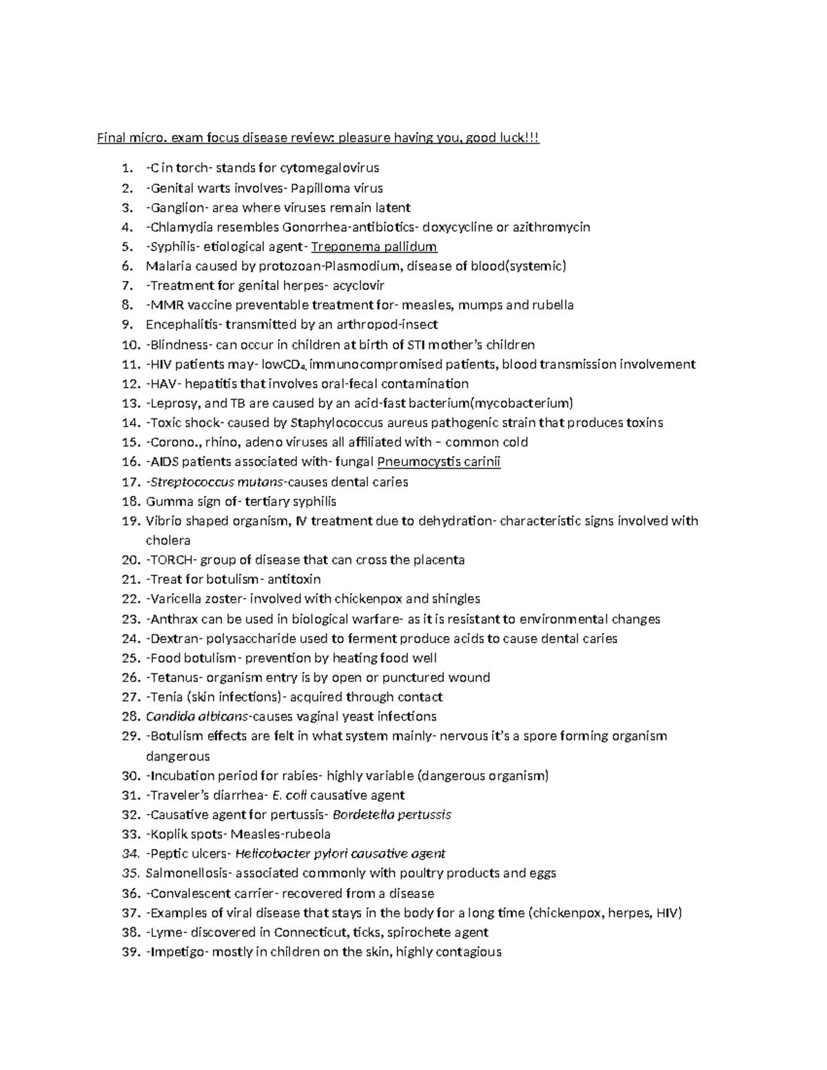 Final Micro Exam Review: Key Disease Concepts and Treatments - Studocu