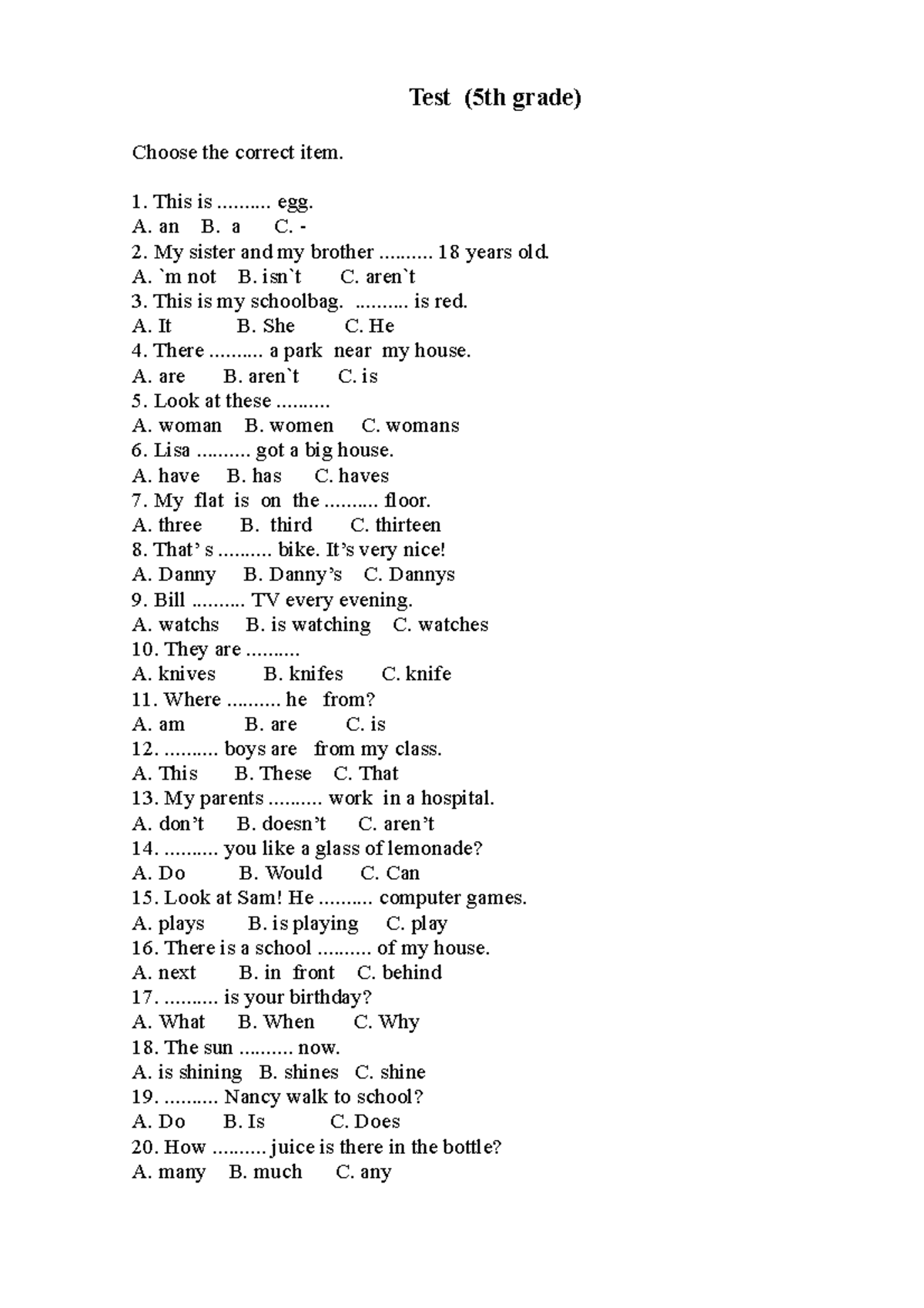 5th Grade English Test: Choose the Correct Item - Studocu