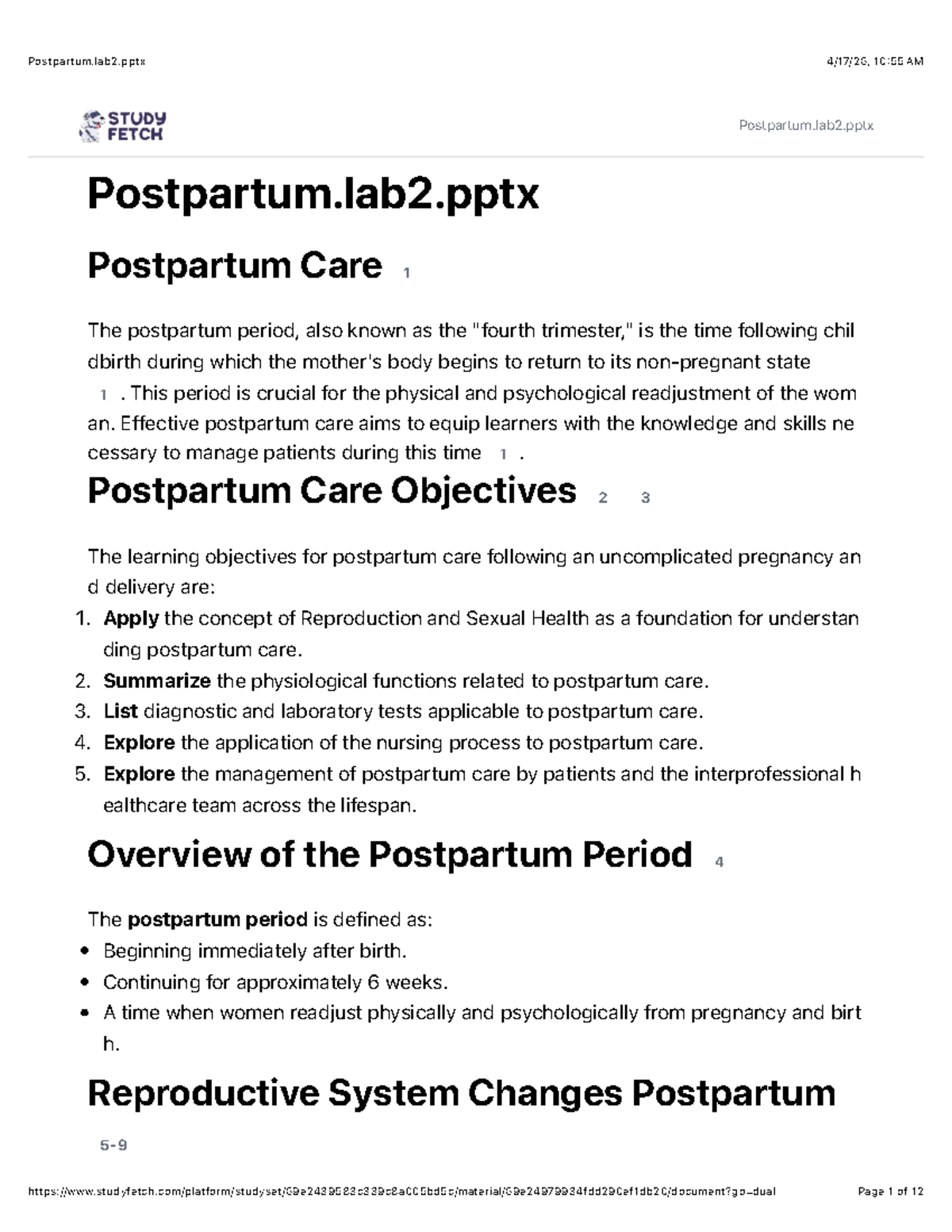 Postpartum Care Notes - Lecture for Exam 1 (Course Code: LAB2) - Studocu