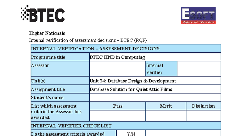 BTEC HND Computing Unit 04: Database Design Development Assignment 01 - Studocu