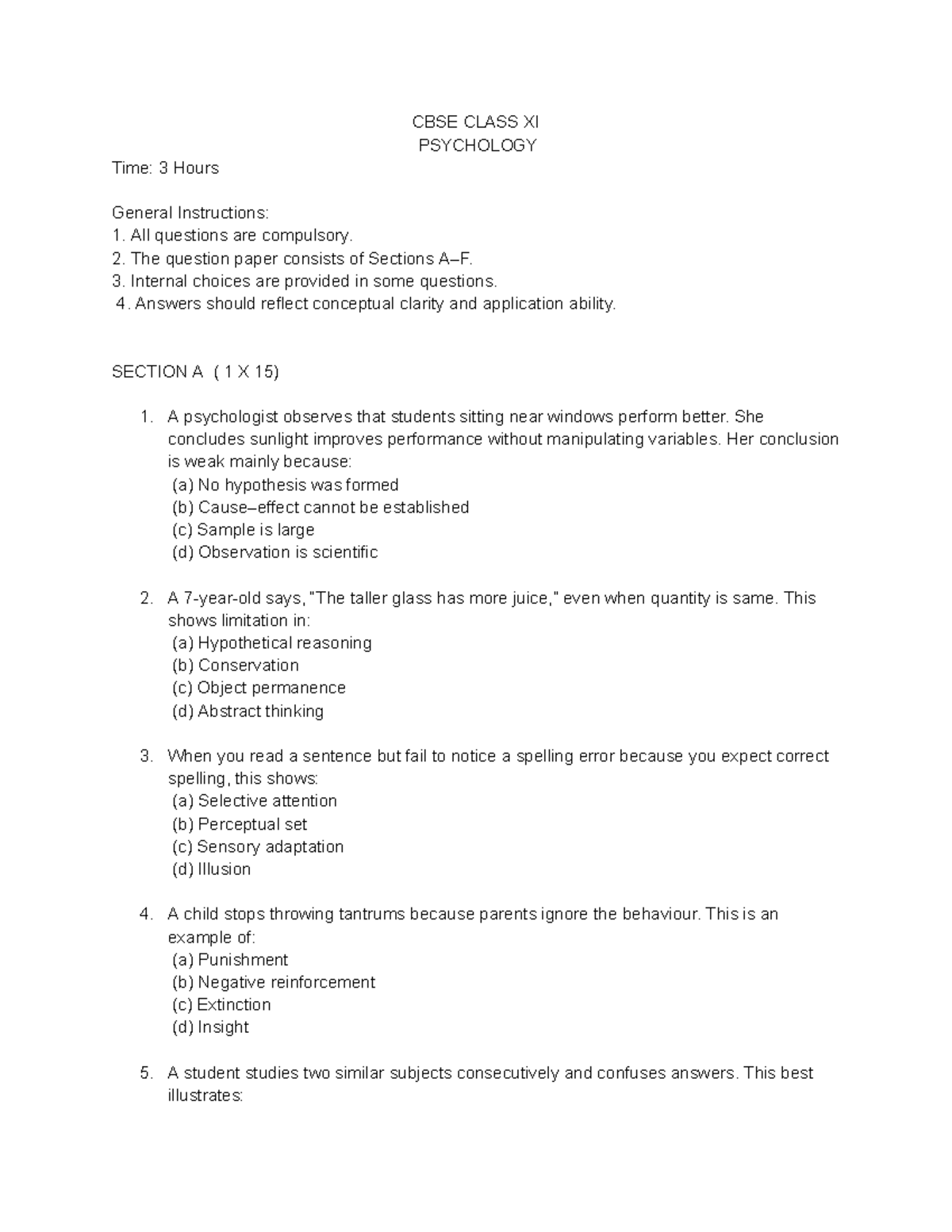CBSE Class XI Psychology Final Exam Question Paper Analysis - Studocu