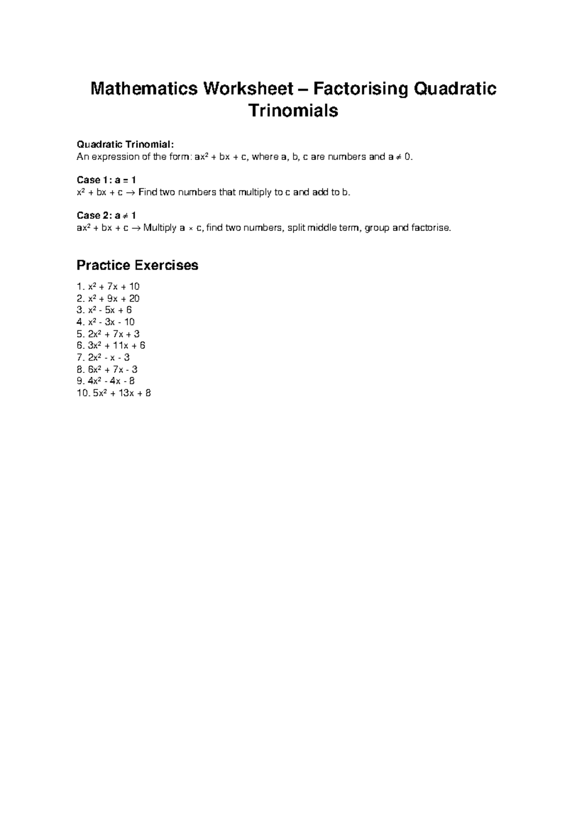 Mathematics Worksheet: Factorising Quadratic Trinomials - Studocu